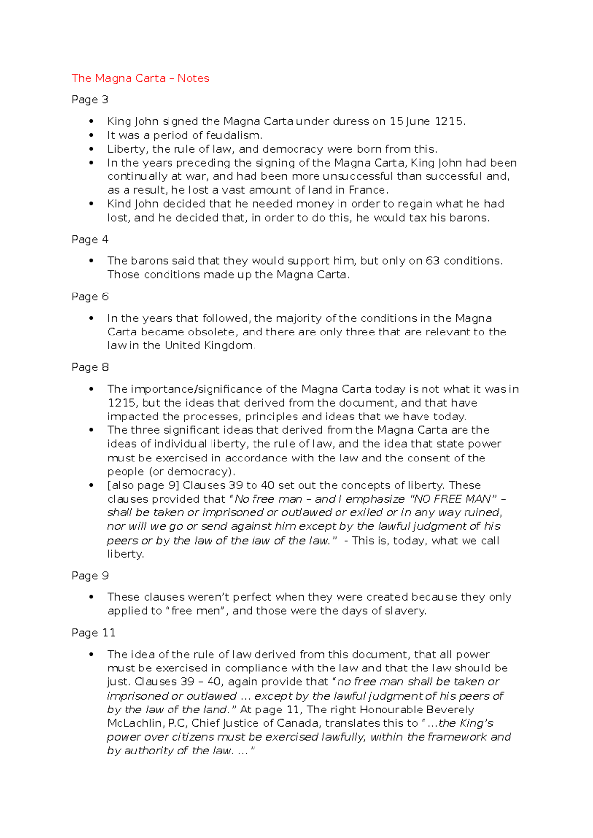 Magna Carta Notes: Key Concepts of Liberty & Rule of Law - Studocu