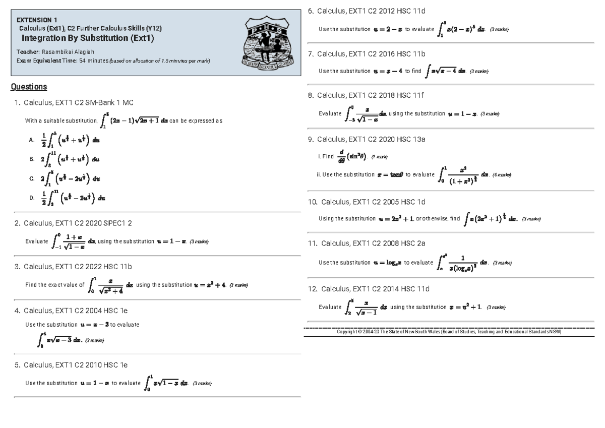 Integration by Substitution: EXT1 C2 Further Calculus Practice - Studocu