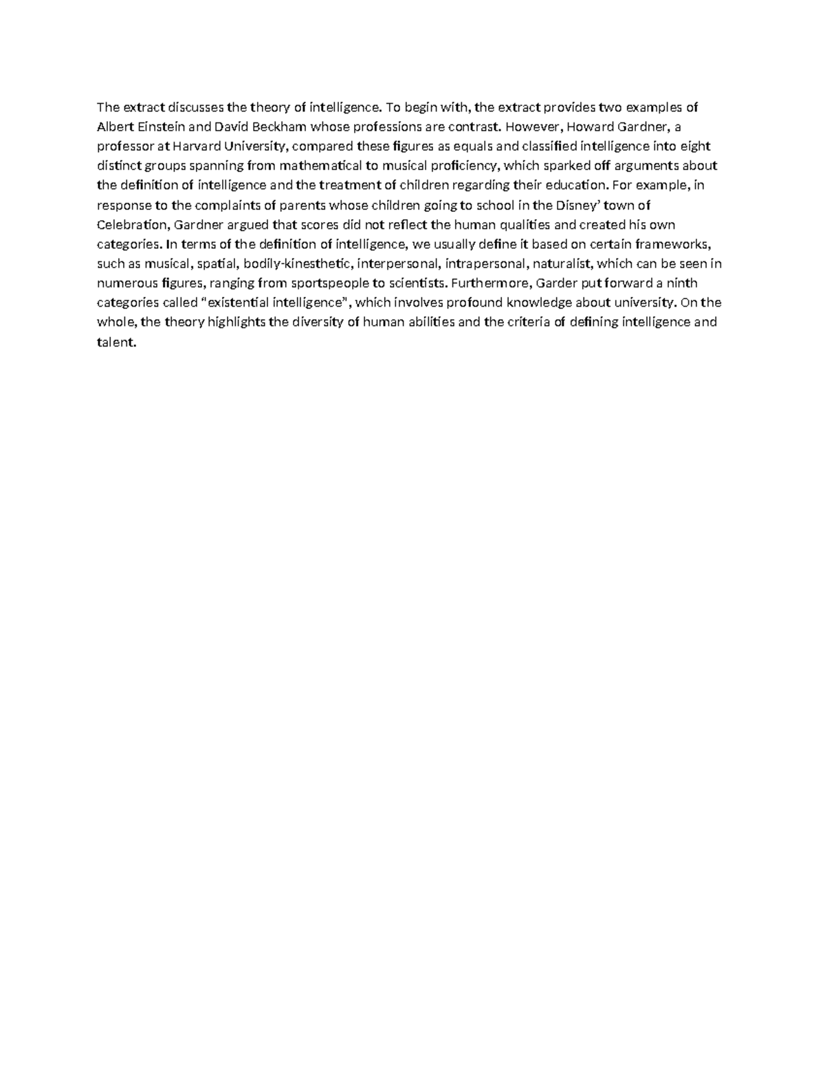 Theory of Intelligence: Insights from Gardner's Framework - Studocu