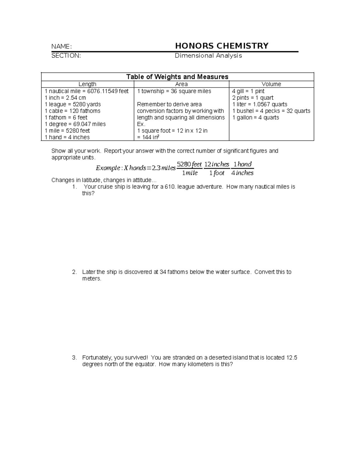 H Dimensional Analysis 2020 - NAME: HONORS CHEMISTRY SECTION ...