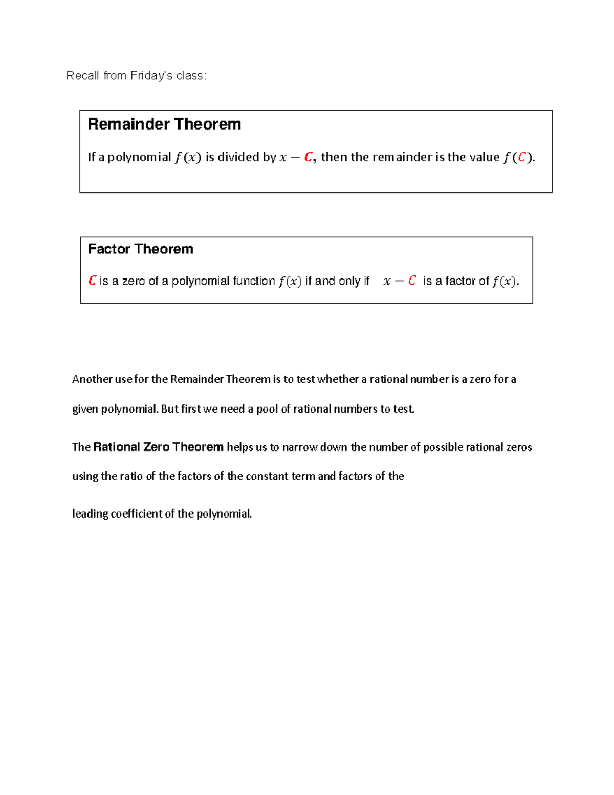 Lecture Notes: Remainder and Factor Theorems - Studocu