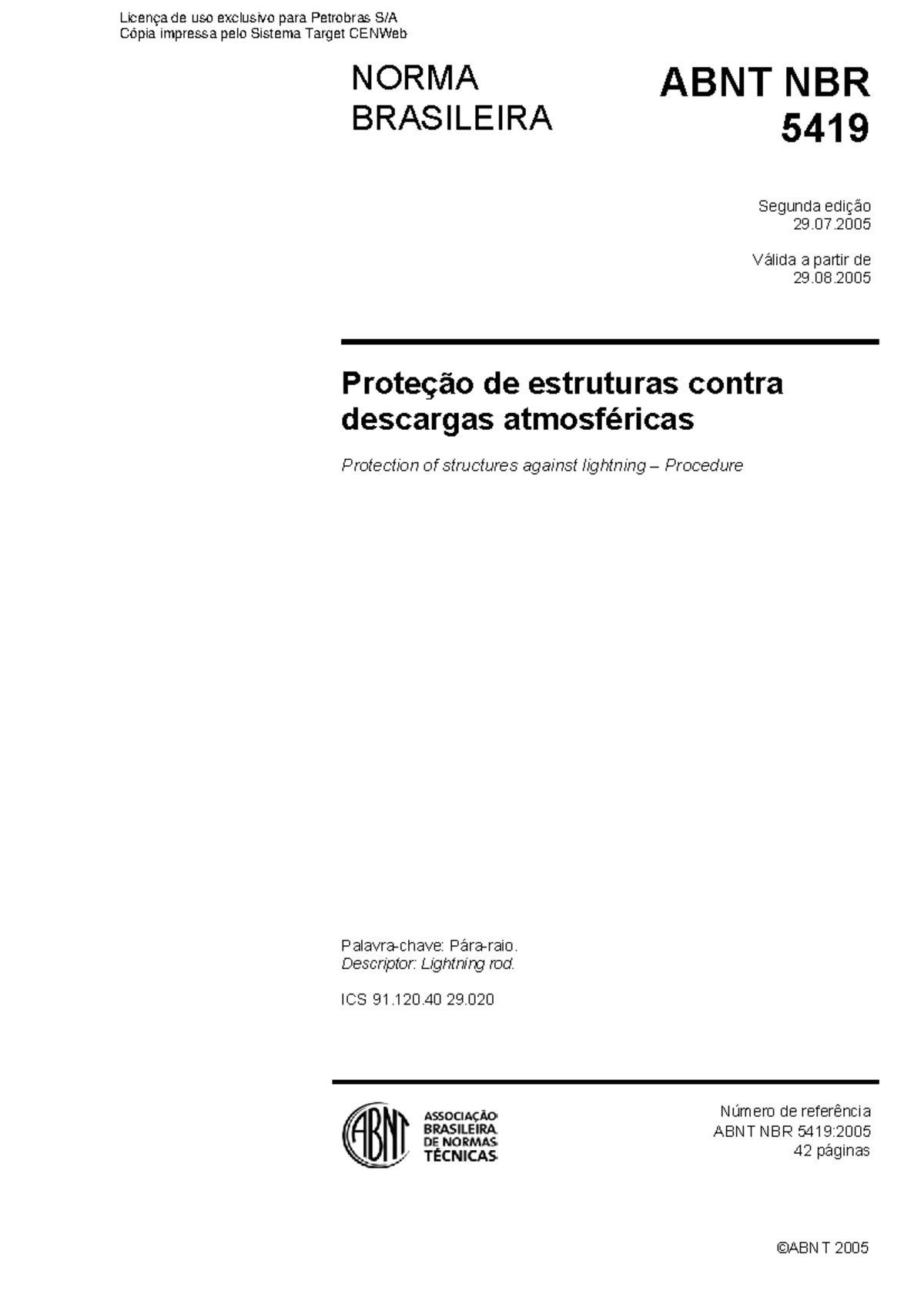 ABNT NBR 5419-3: Proteção contra Descargas Atmosféricas - Parte 3 - Studocu