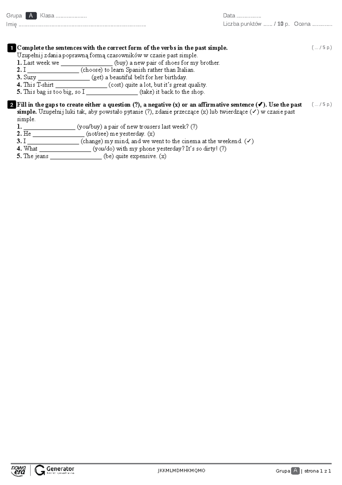 UNIT 2 Kartkówka Grammar Lesson 2 Test (z widoczną punktacją ...