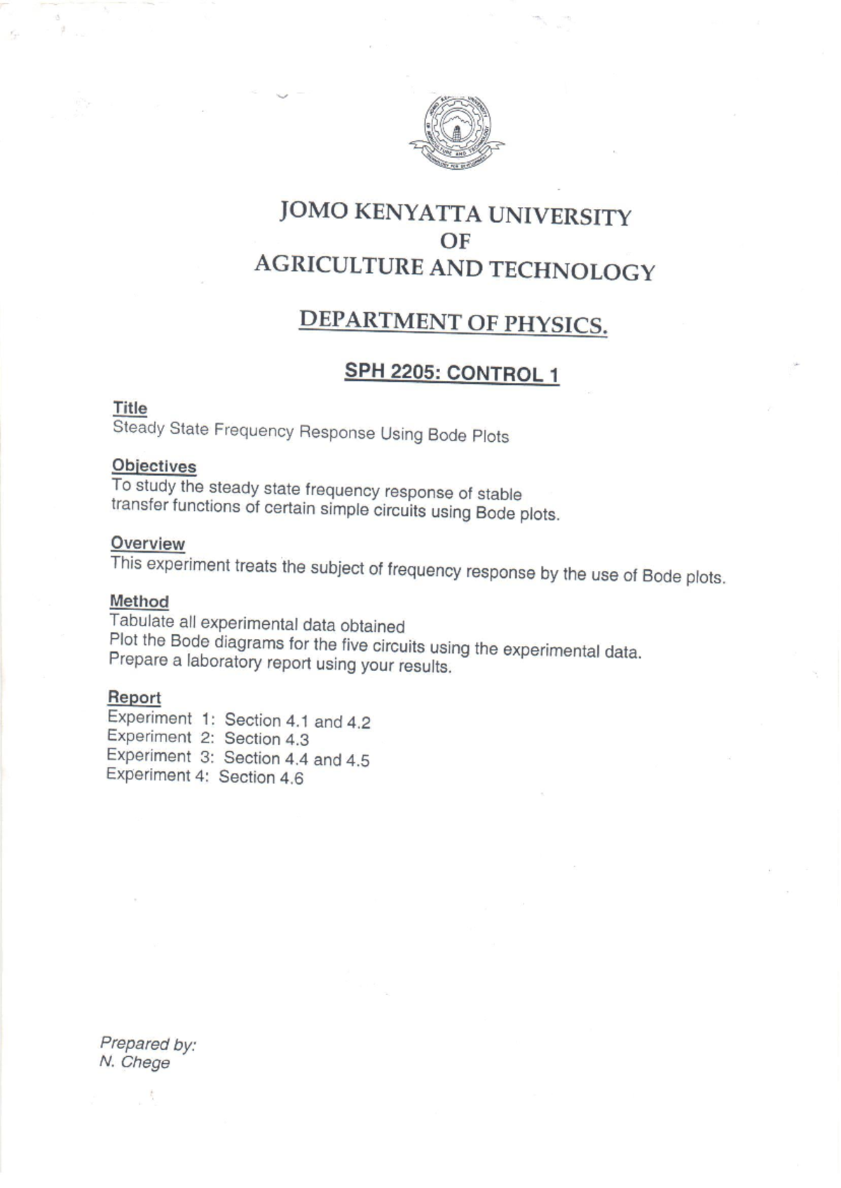 SPH 2205: Control 1 - Steady State Frequency Response Lab Report - Studocu