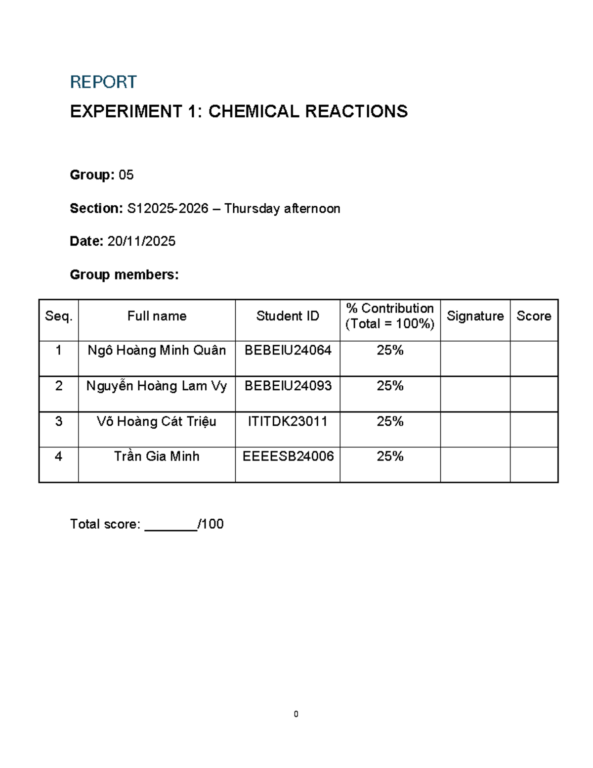 Chemlab Group 05 Report 1: Chemical Reactions Overview - Studocu