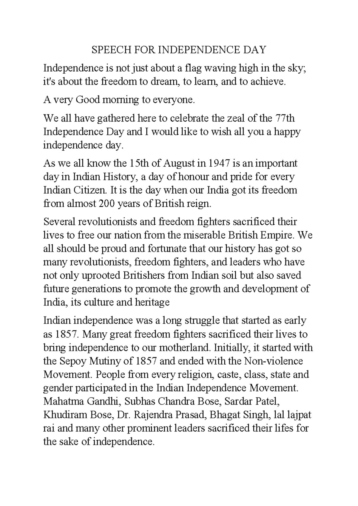 Independence Day Speech: Celebrating 77 Years of Freedom - Studocu