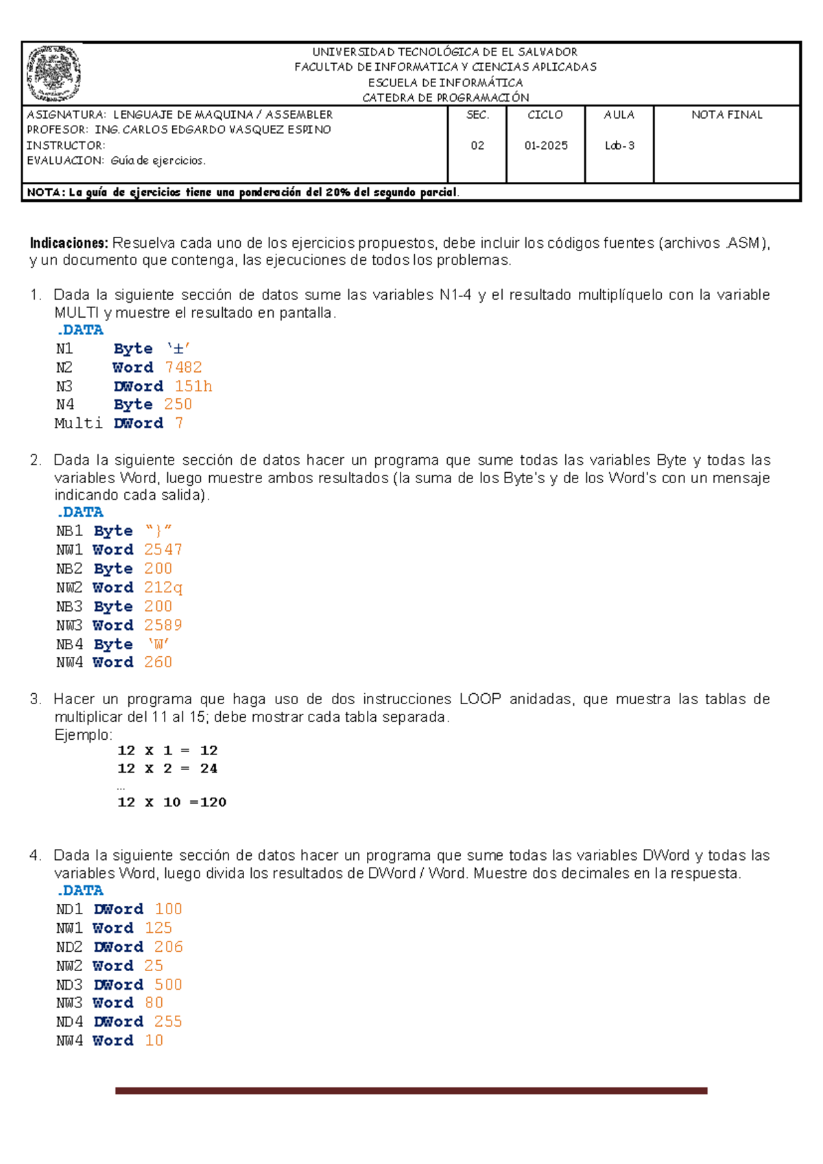 Guía de Ejercicios de Lenguaje de Máquina Assembler ASEM-I-00 - Studocu