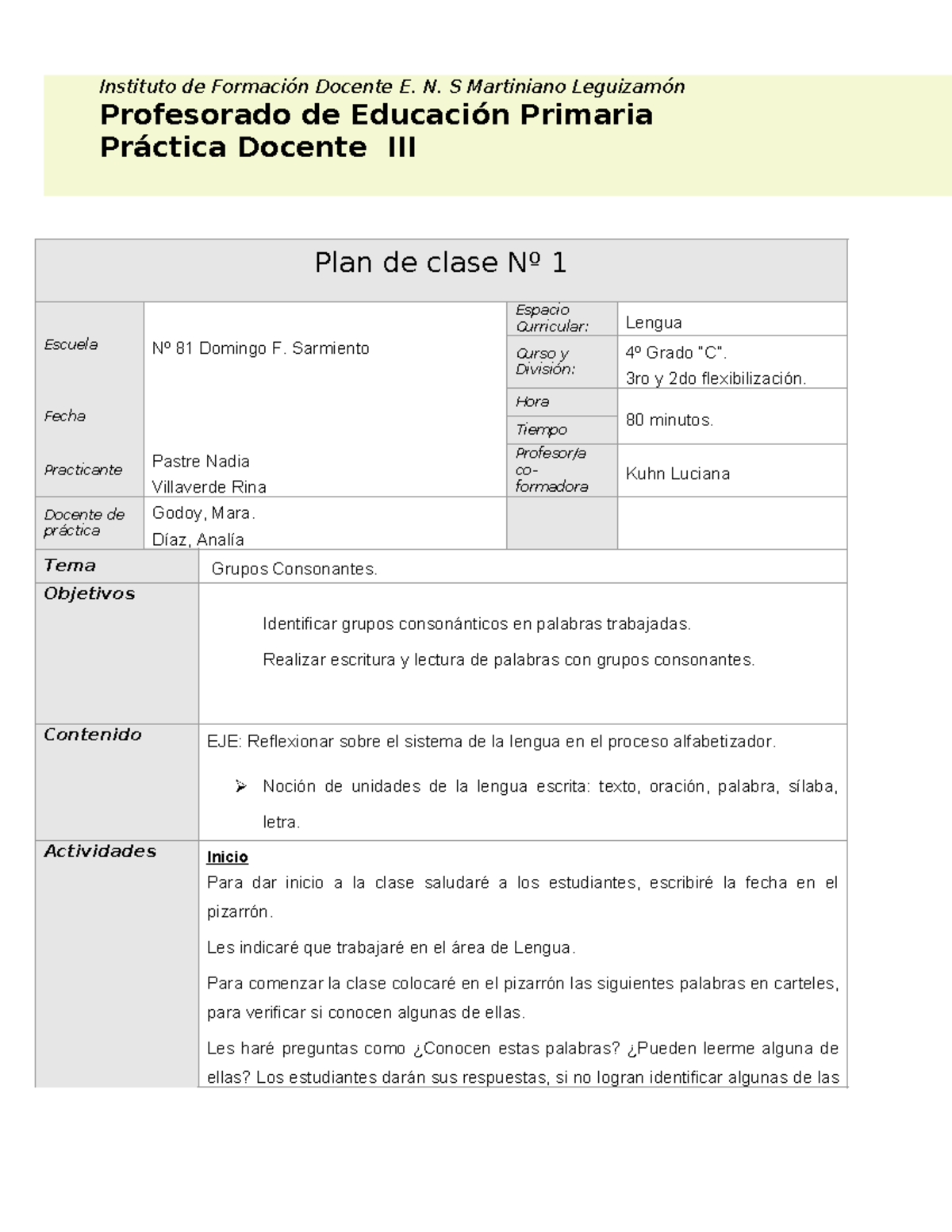 PLAN DE CLASE Nº 1 (FLX) - Grupos Consonantes en Lengua 4º Grado - Studocu