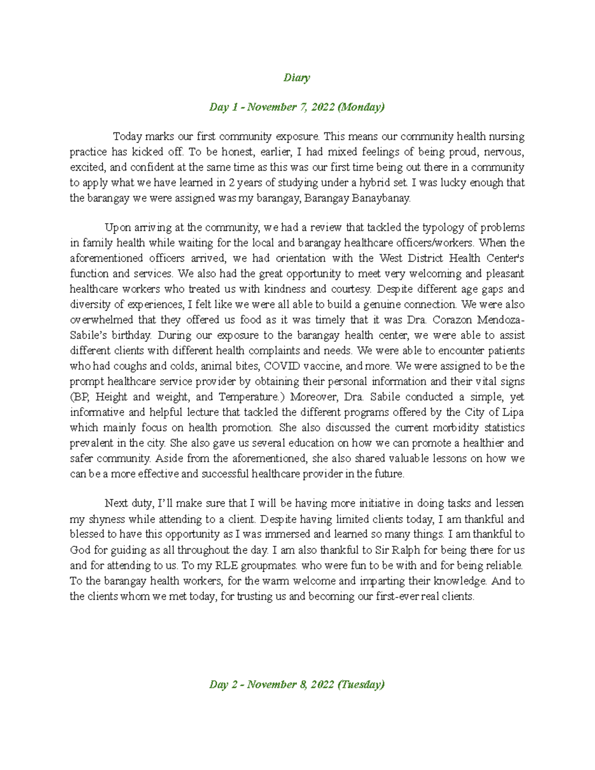 Community Health Nursing Duty Diary: Reflections on Days 1 & 2 - Studocu