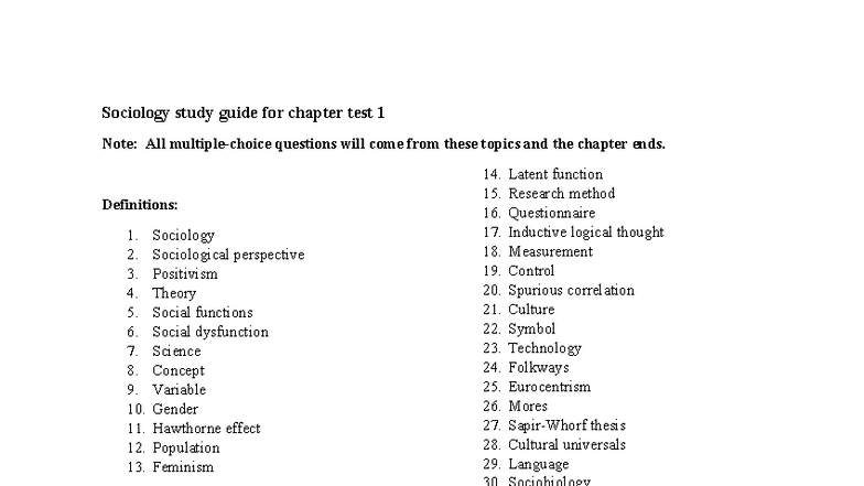 Sociology study guide 4 - Definitions: 1. Sociology 2. Sociological ...