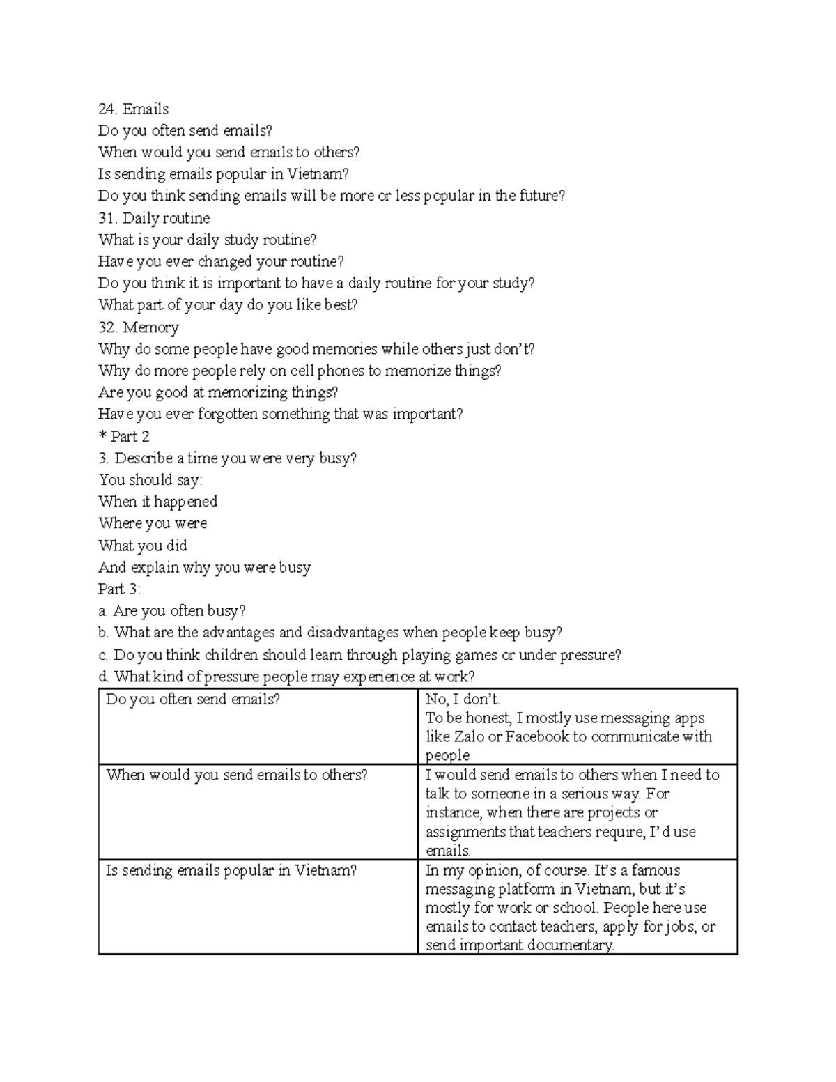 Speaking 16. Emails, Daily Routine & Memory Insights - Studocu