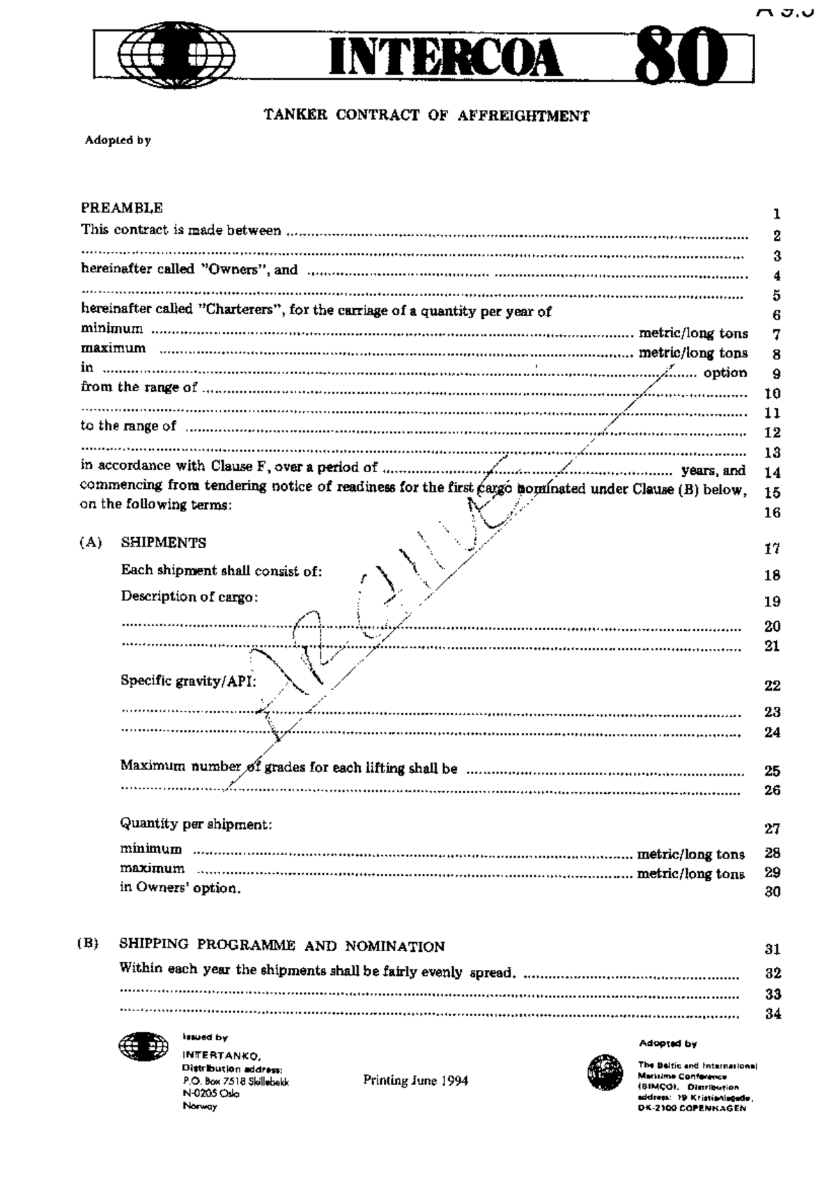 INTERCOA 80 Tanker Contract of Affreightment Overview - Studocu