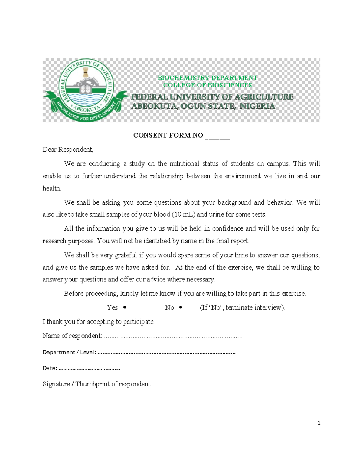 BIOC 101: Consent Form & Nutritional Status Questionnaire - Studocu