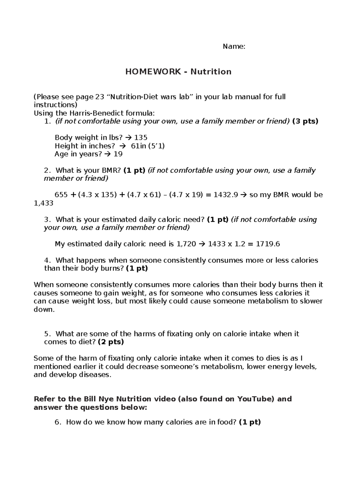 BIOLOGY Worksheet 2023-1 - Name: HOMEWORK - Nutrition (Please see page ...