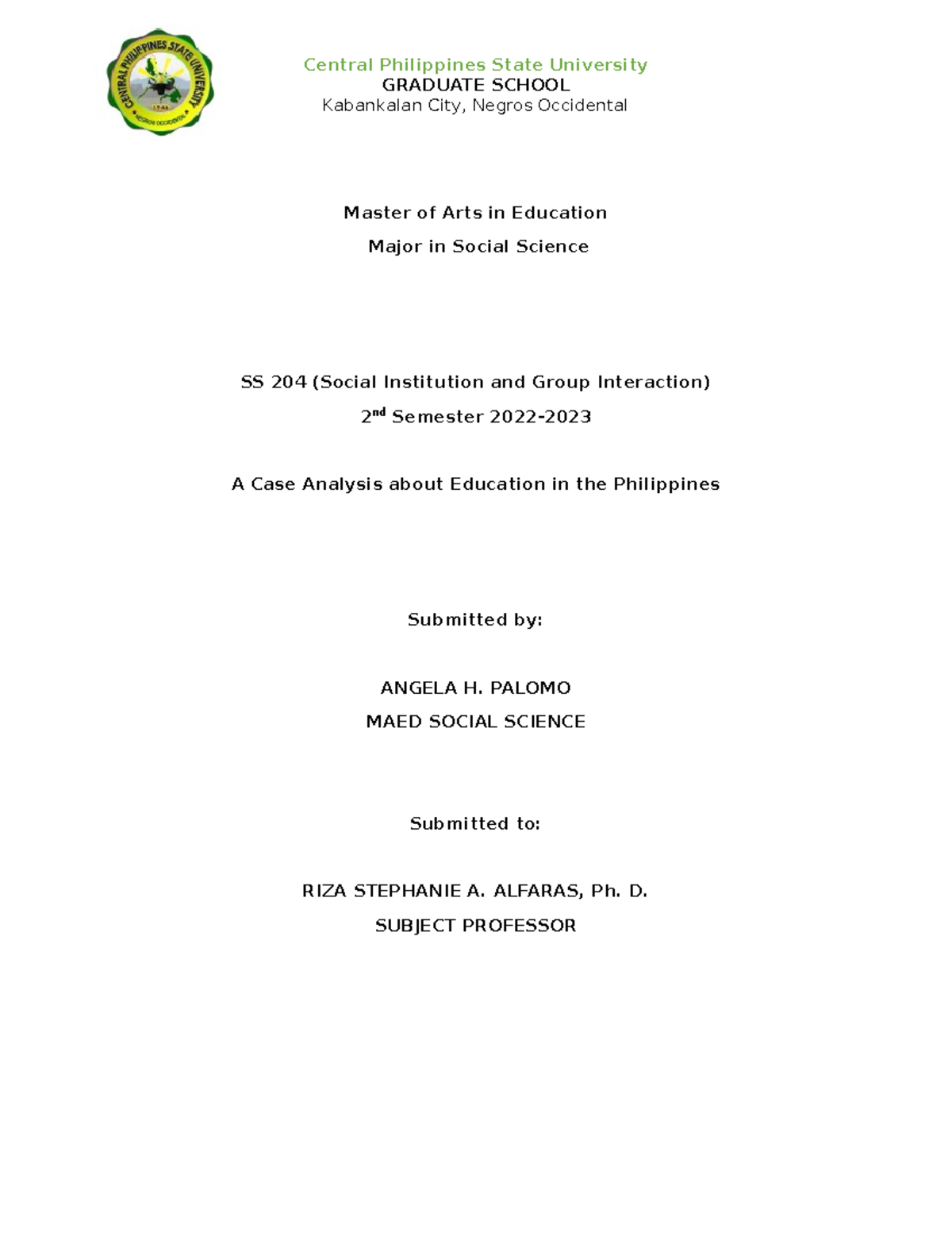 SS 204 Case Analysis: Challenges in Philippine Education System - Studocu