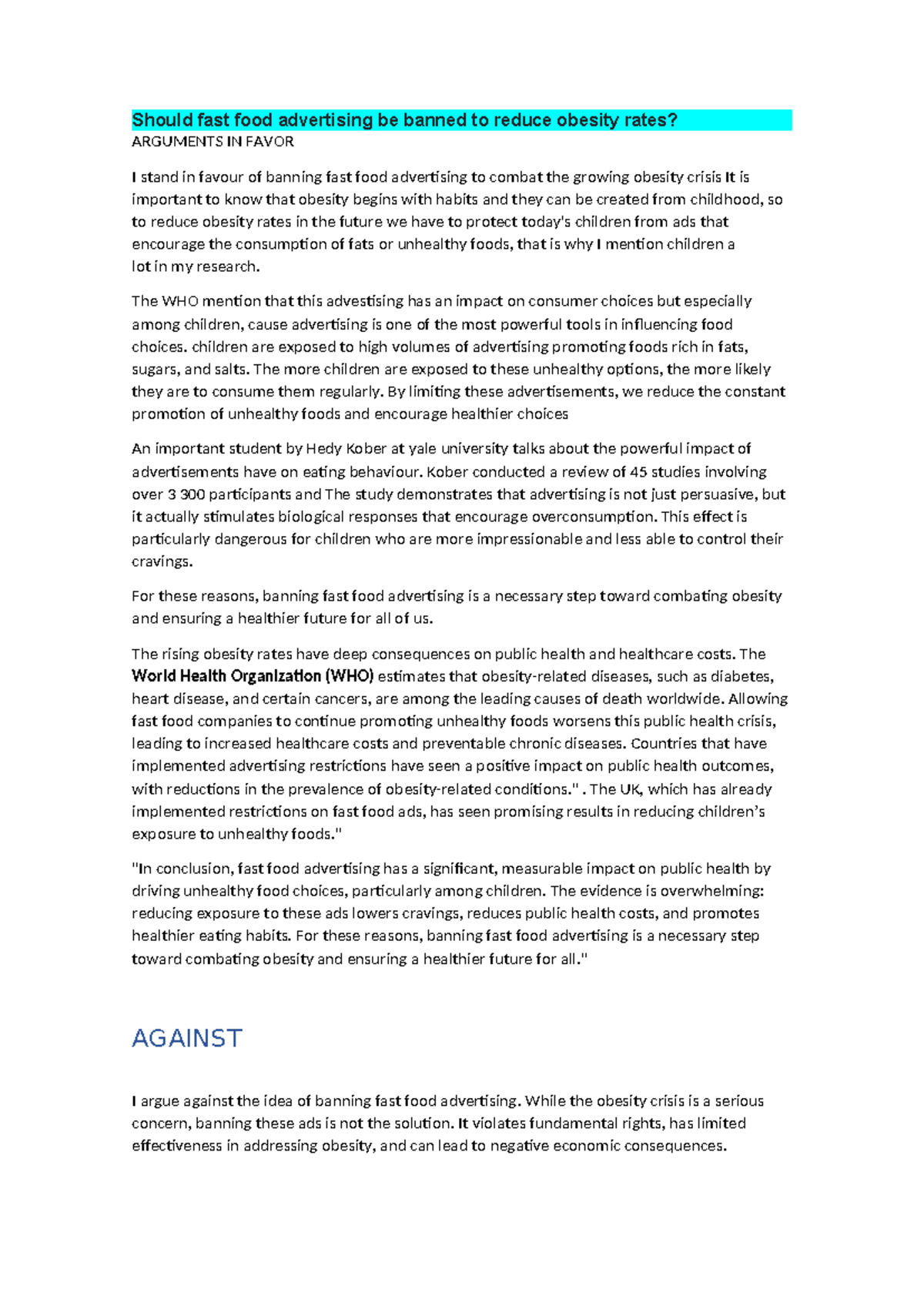 Debate on Banning Fast Food Advertising: Impact on Obesity Rates - Studocu