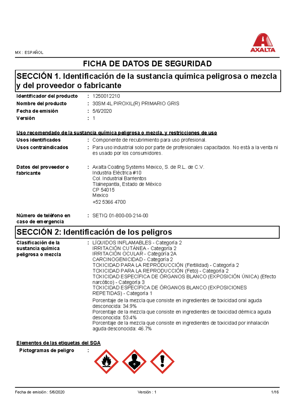 FICHA DE DATOS DE SEGURIDAD - PIROXIL(R) PRIMARIO GRIS 30SM - Studocu