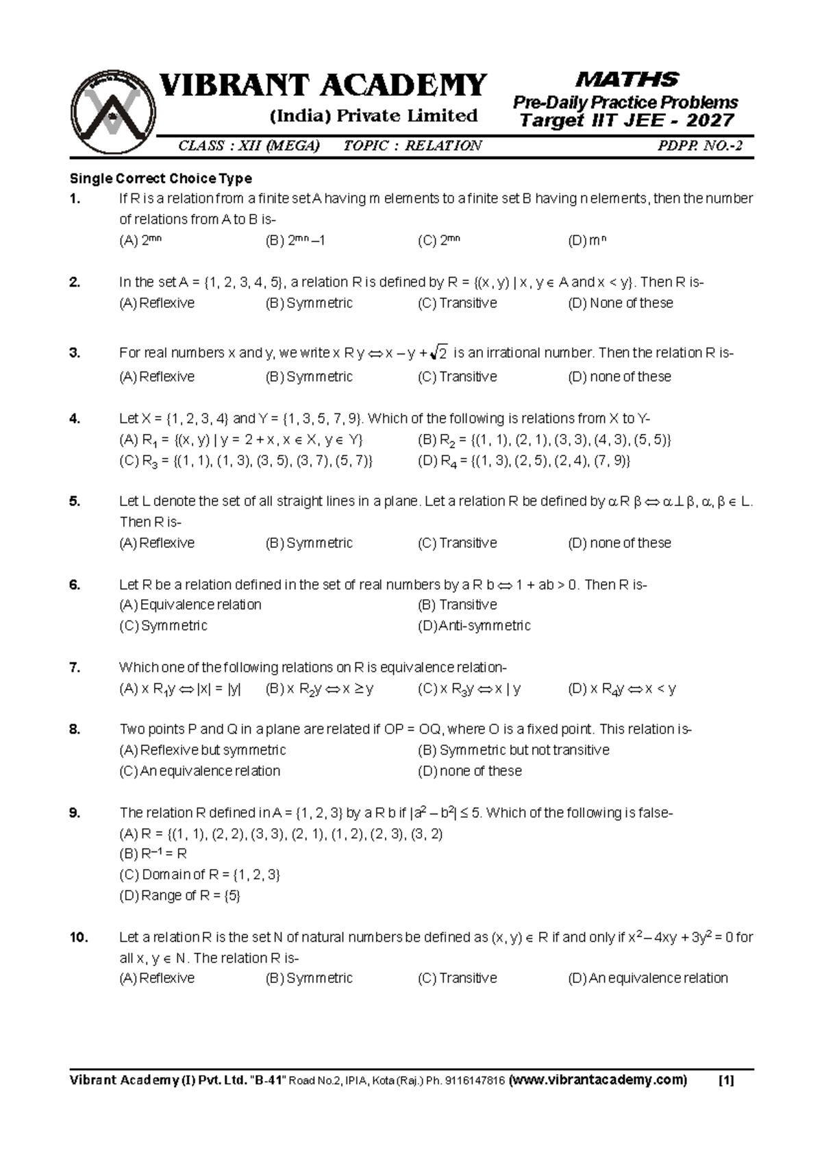 VIBRANT ACADEMY (India) XII (MEGA) MATHS Practice Problems for IIT JEE ...
