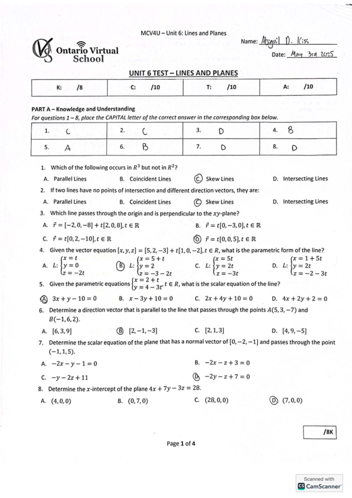 MCV4U Unit 6 Test: Lines and Planes - Knowledge & Application - Studocu