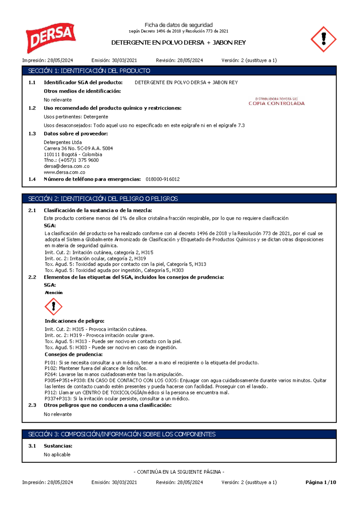 Ficha de Seguridad: Detergente en Polvo Dersa (Decreto 1496/2018) - Studocu