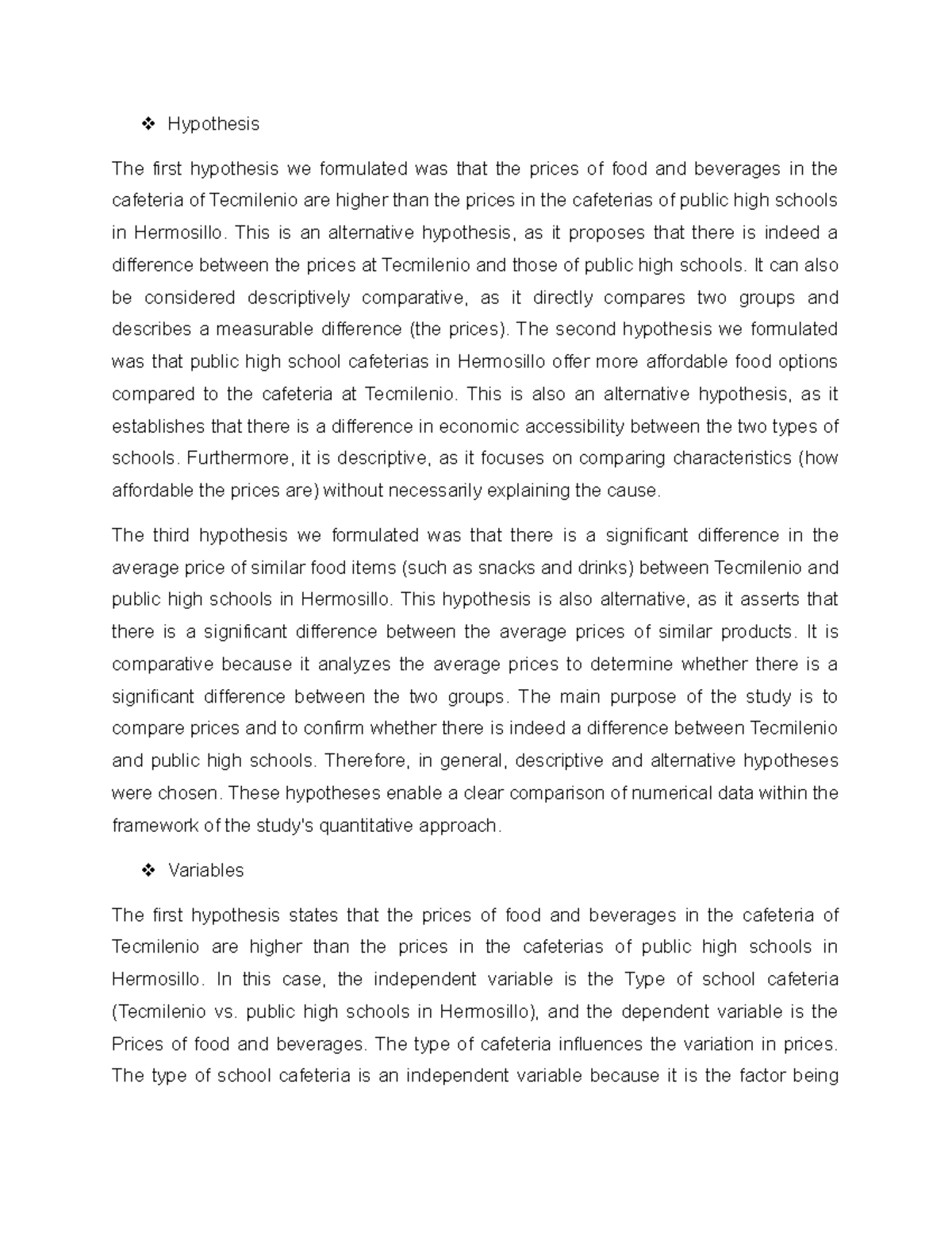 Comparative Study of Cafeteria Prices: Hypotheses and Variables - Studocu
