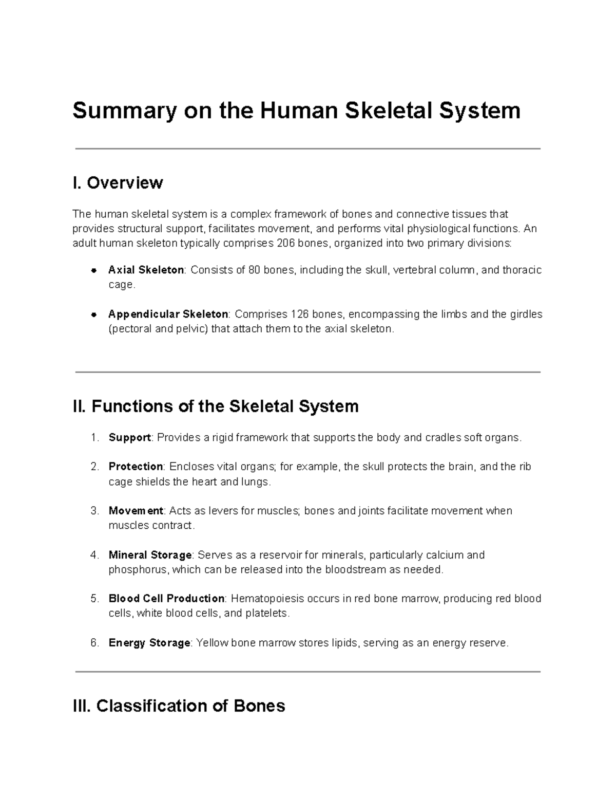 Notes on Human Skeletal System (BIO 101) - Key Functions & Structures ...