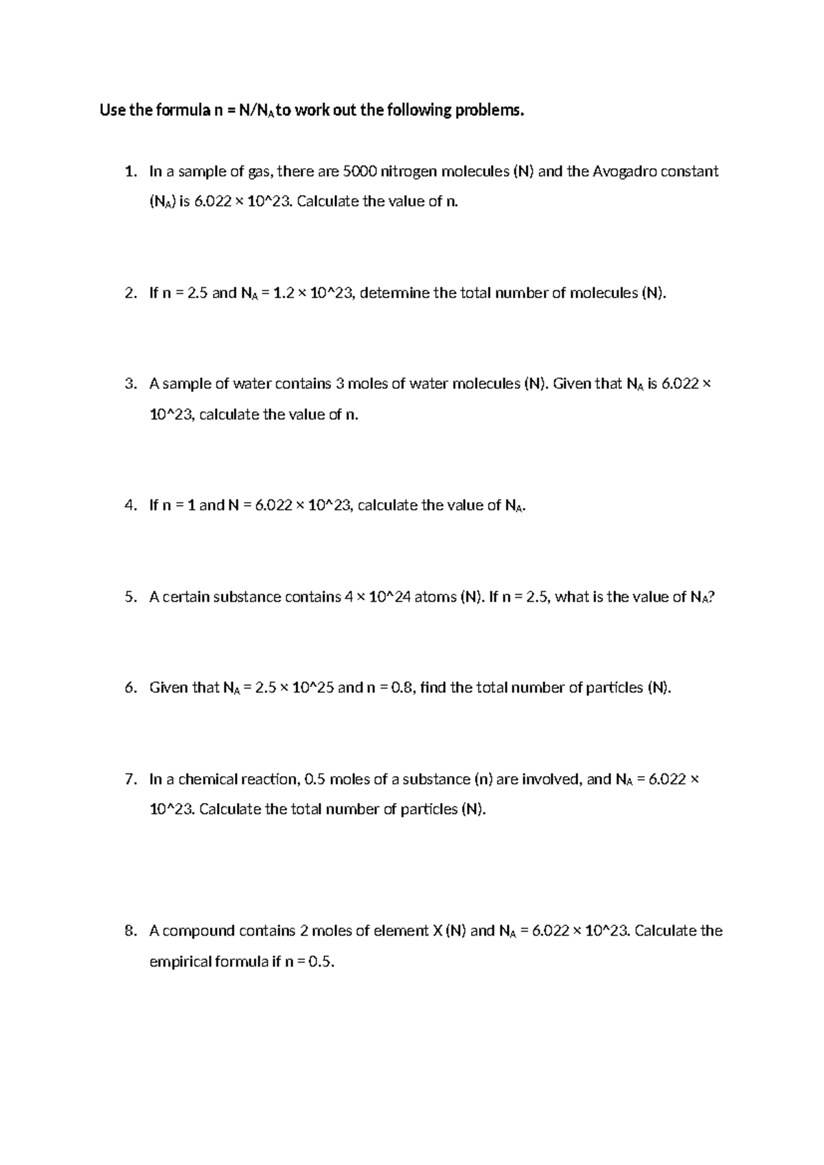 Avogadro Constant Worksheet - AOGADEO Exercises and Solutions - Studocu