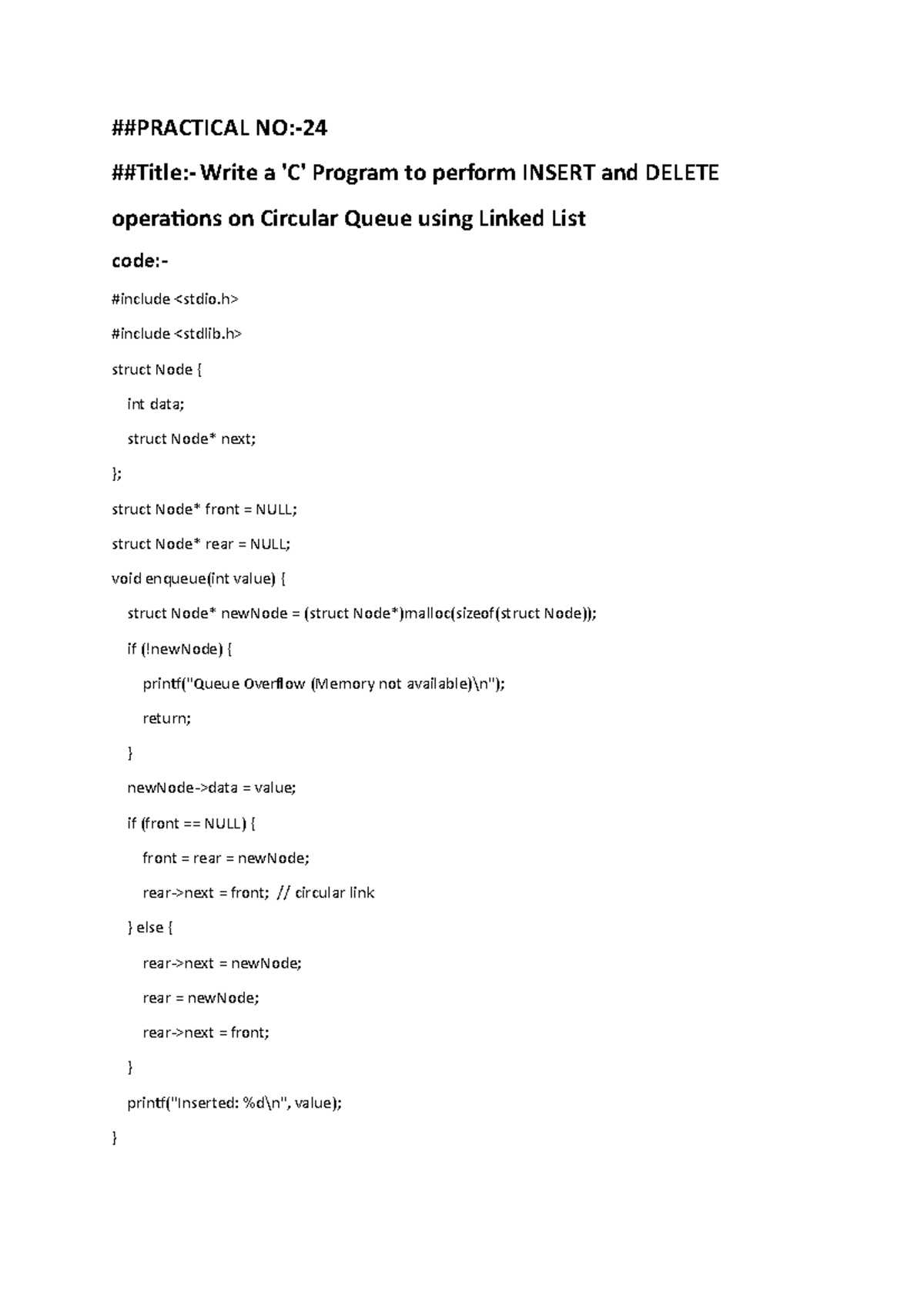 DSU-24: C Program for Circular Queue Operations Using Linked List - Studocu