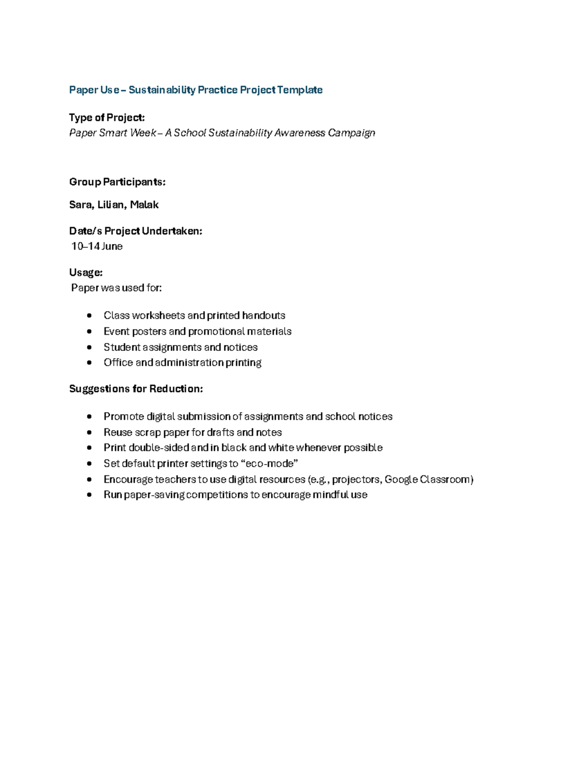 Bsbsus 211 Paper use-Sustainability Practices Template - Paper Use ...