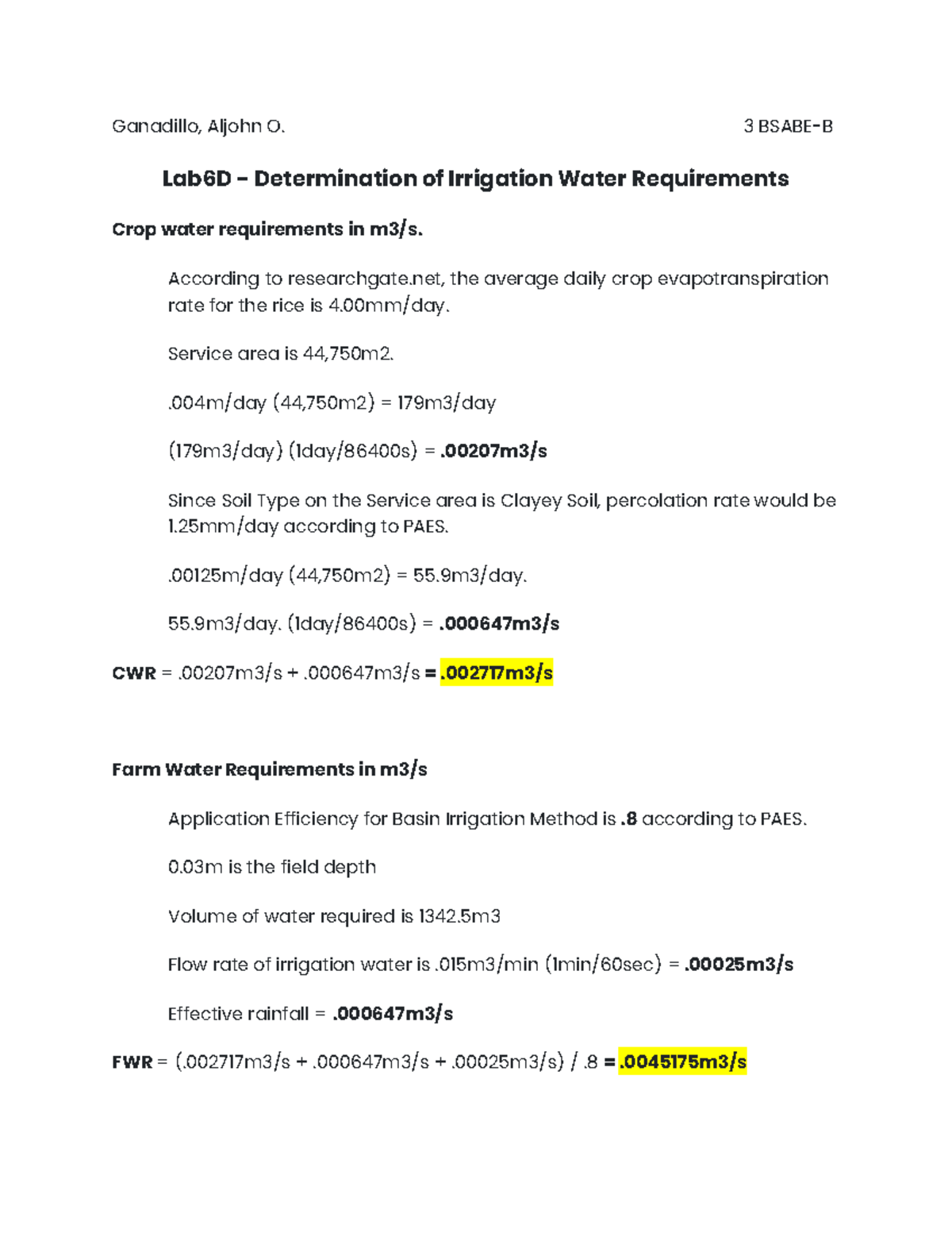 Lab 6D - Determining Irrigation Water Requirements for Rice (ABEEEEEEE ...