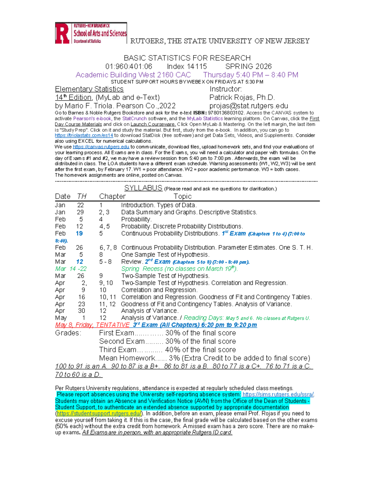 RUTGERS 01:960:401:06 Basic Statistics Syllabus Spring 2026 - Studocu