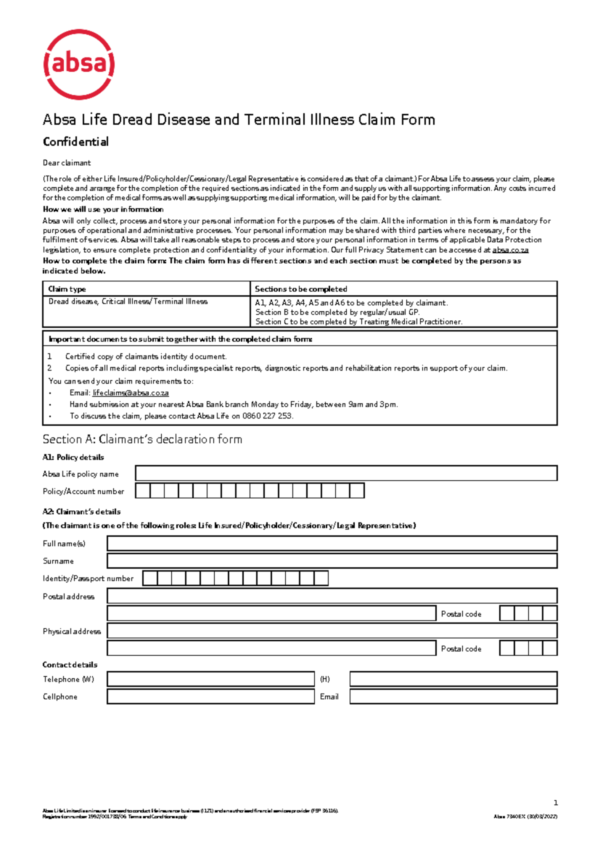 Absa Life Dread Disease & Terminal Illness Claim Form (Claimform ...