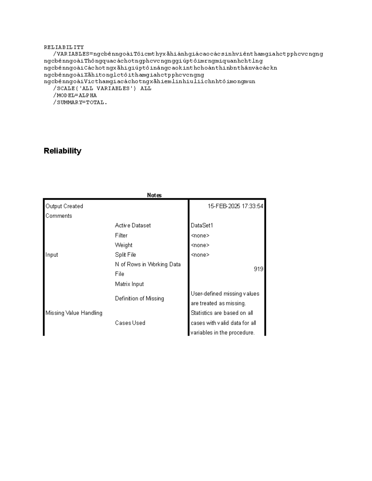 RELIABILITY ANALYSIS OUTPUT - Course Code: ABC123 Final Exam - Studocu