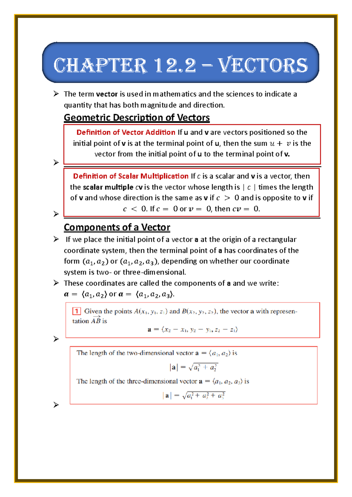 Chapter 12 Summary: Vectors in Calculus - Early Transcendentals - Studocu