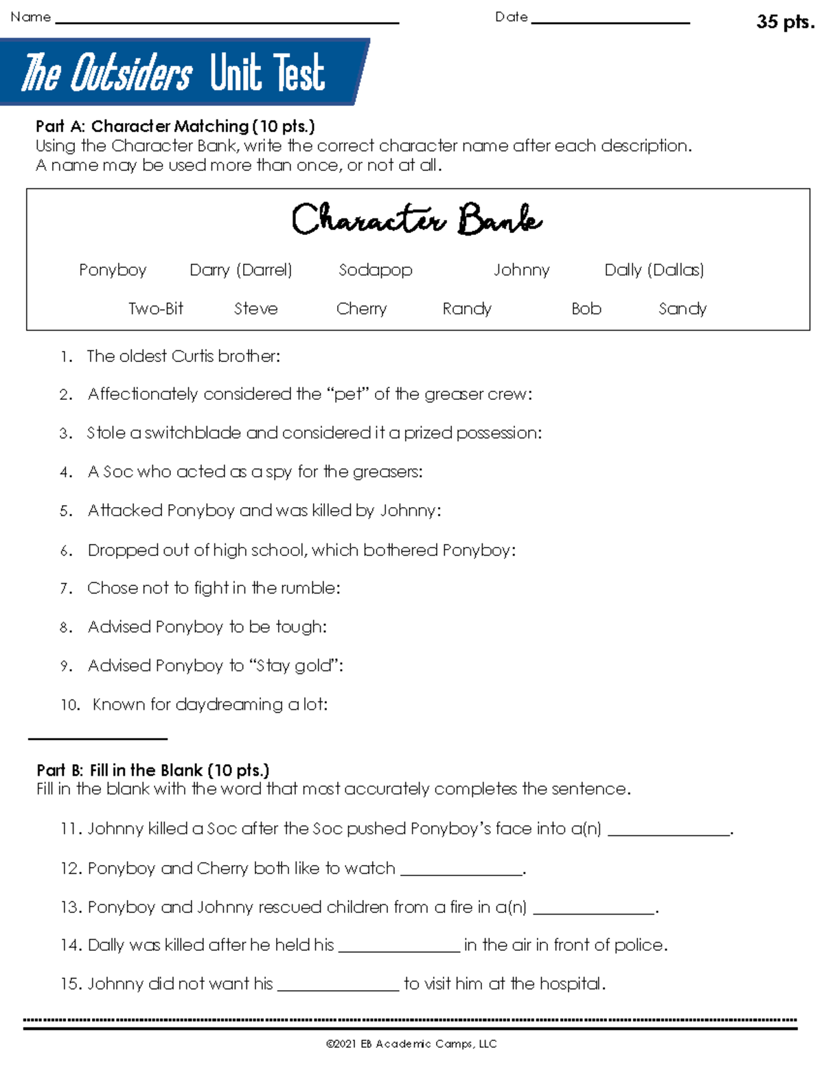 The Outsiders Unit Test (ENG101): Character Matching & Responses - Studocu