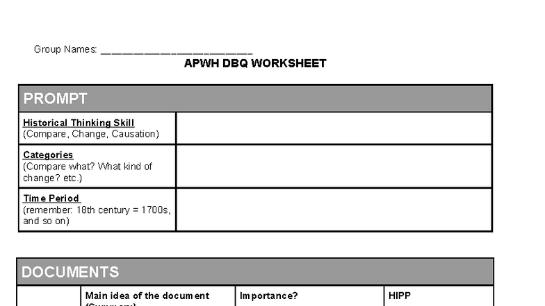 APWH DBQ Worksheet 2023: Historical Thinking Skills Guide - Studocu