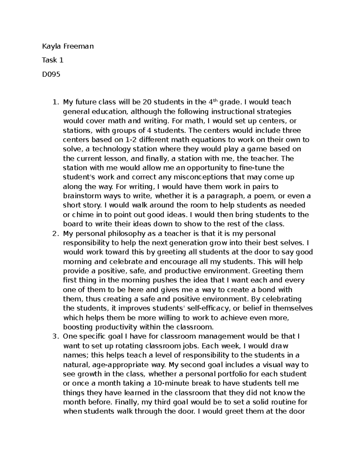 D095 - Task 1: My future classroom and teaching philosophy - Studocu