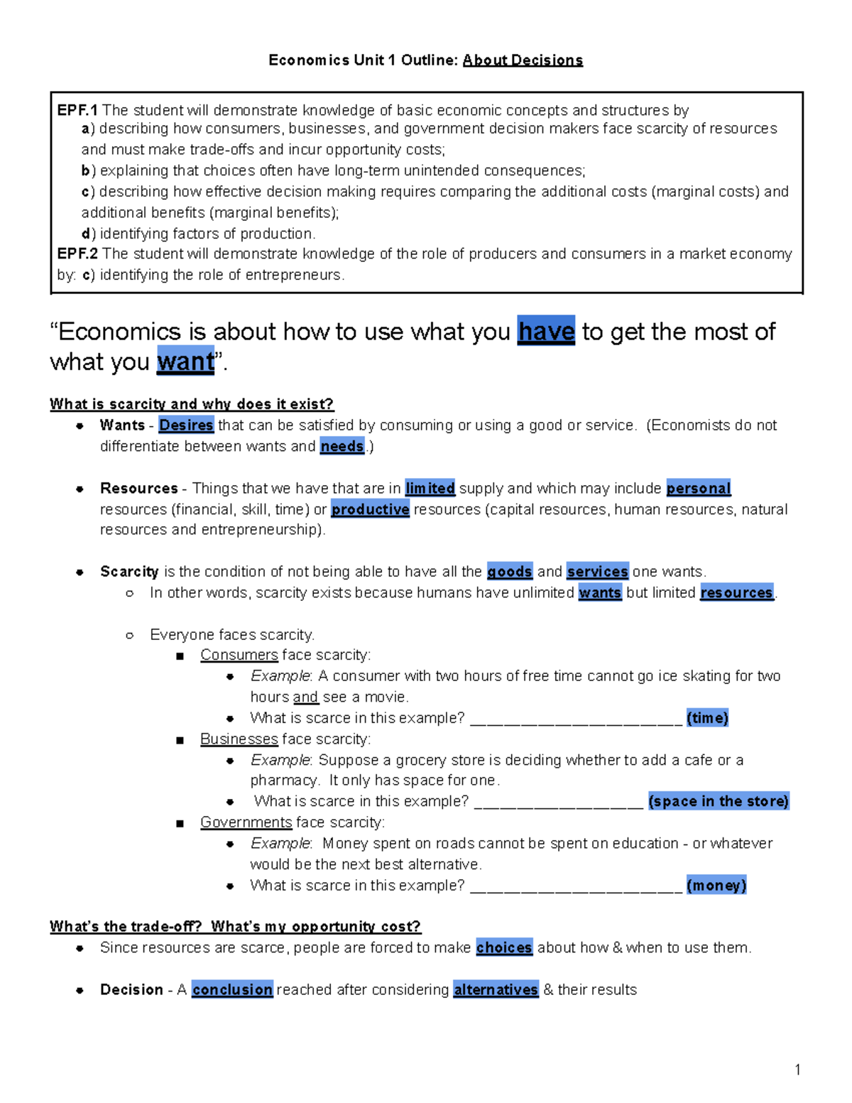 Economics Unit 1 Notes: Understanding Scarcity and Decision Making EPF ...