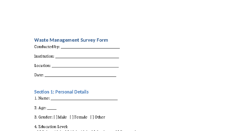 CSP Waste Management Survey Form: Personal & Waste Details - Studocu