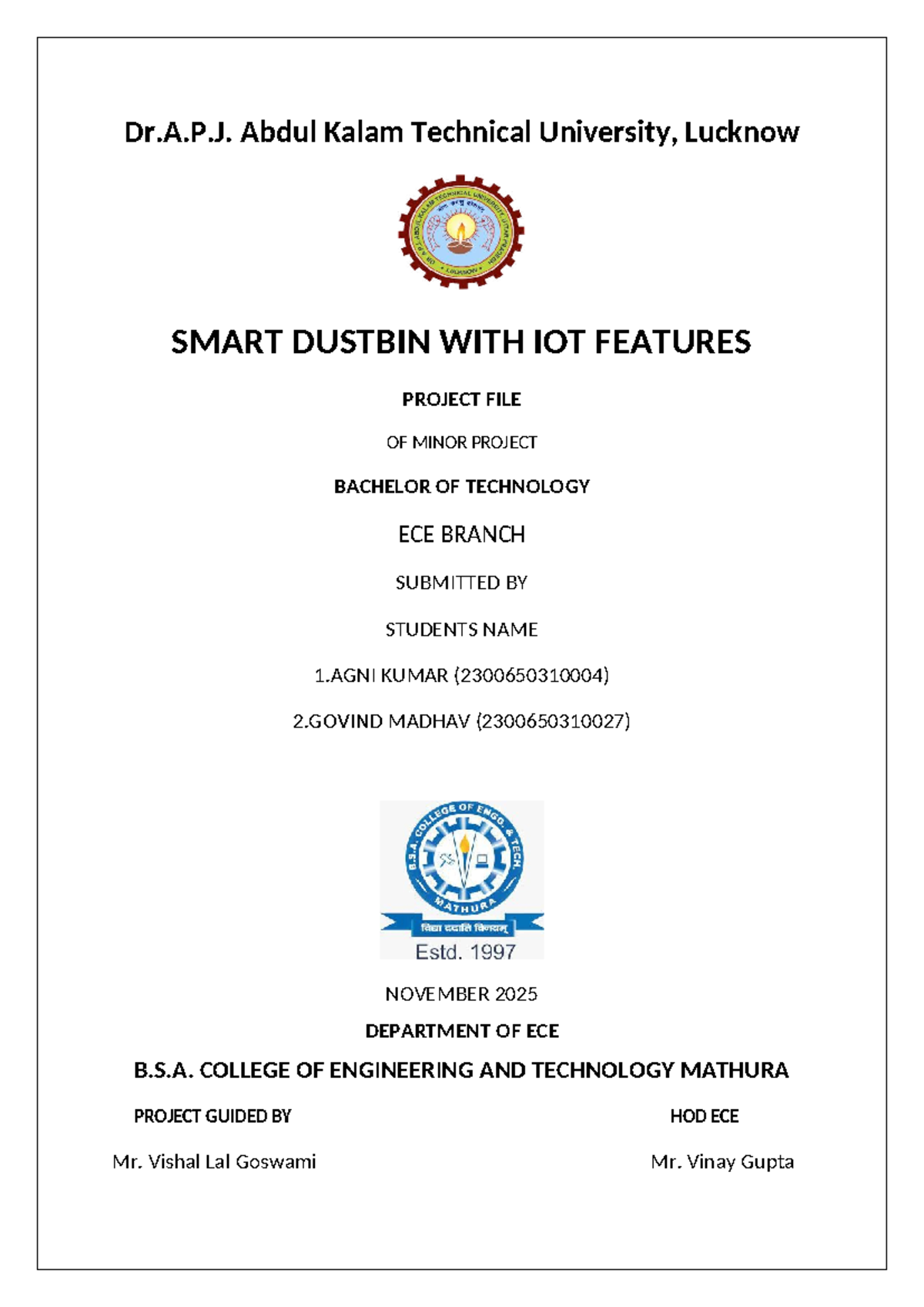 Smart Dustbin with IoT Features - Minor Project (B.Tech ECE) - Studocu