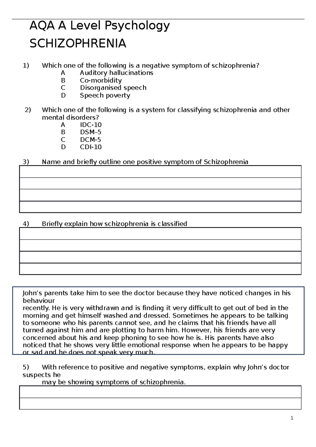 AQA A Level Psychology: Schizophrenia Worksheet 2 Answers - Studocu