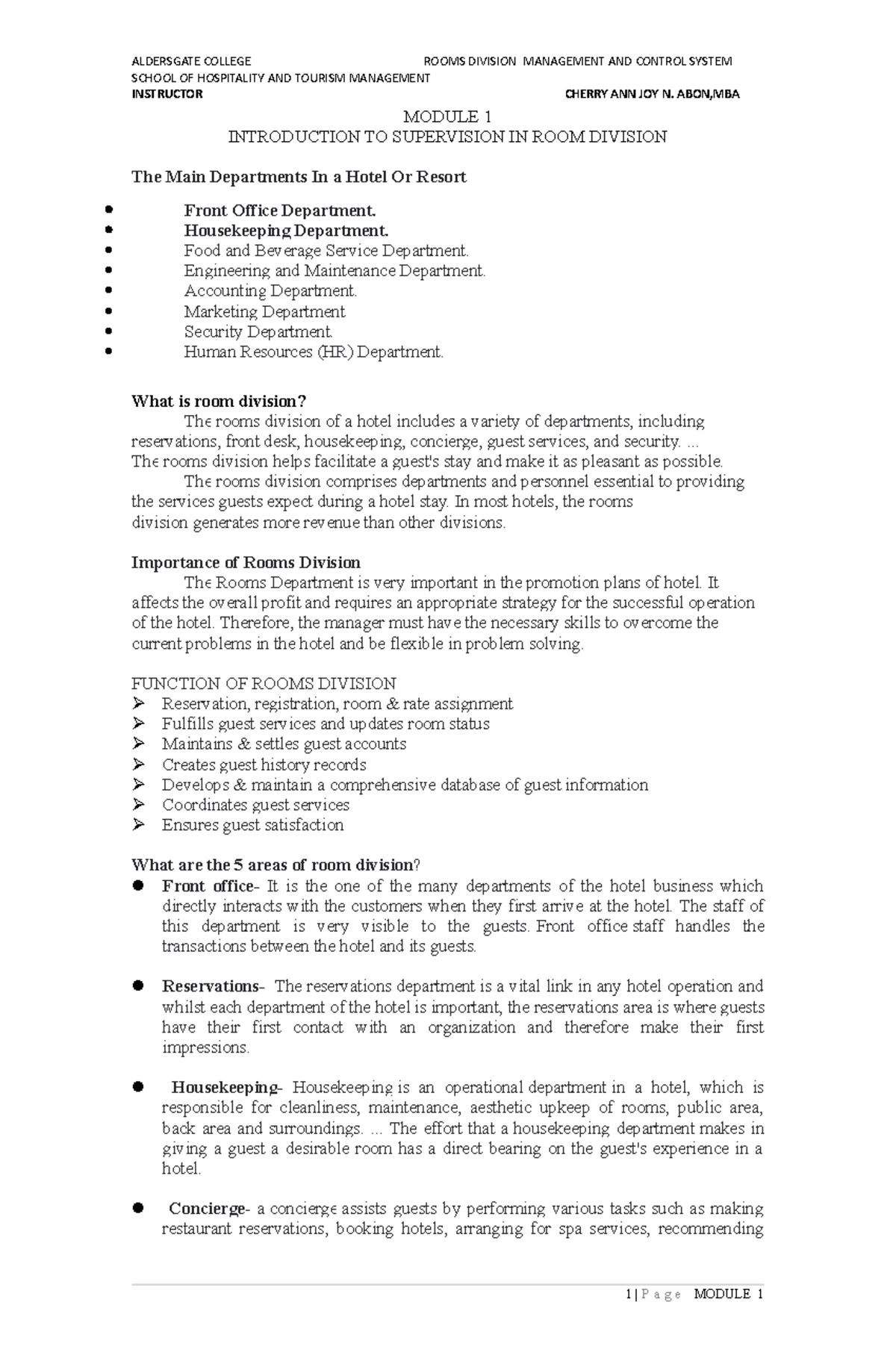 Module 1: Overview of Rooms Division Management in Hotels - Studocu