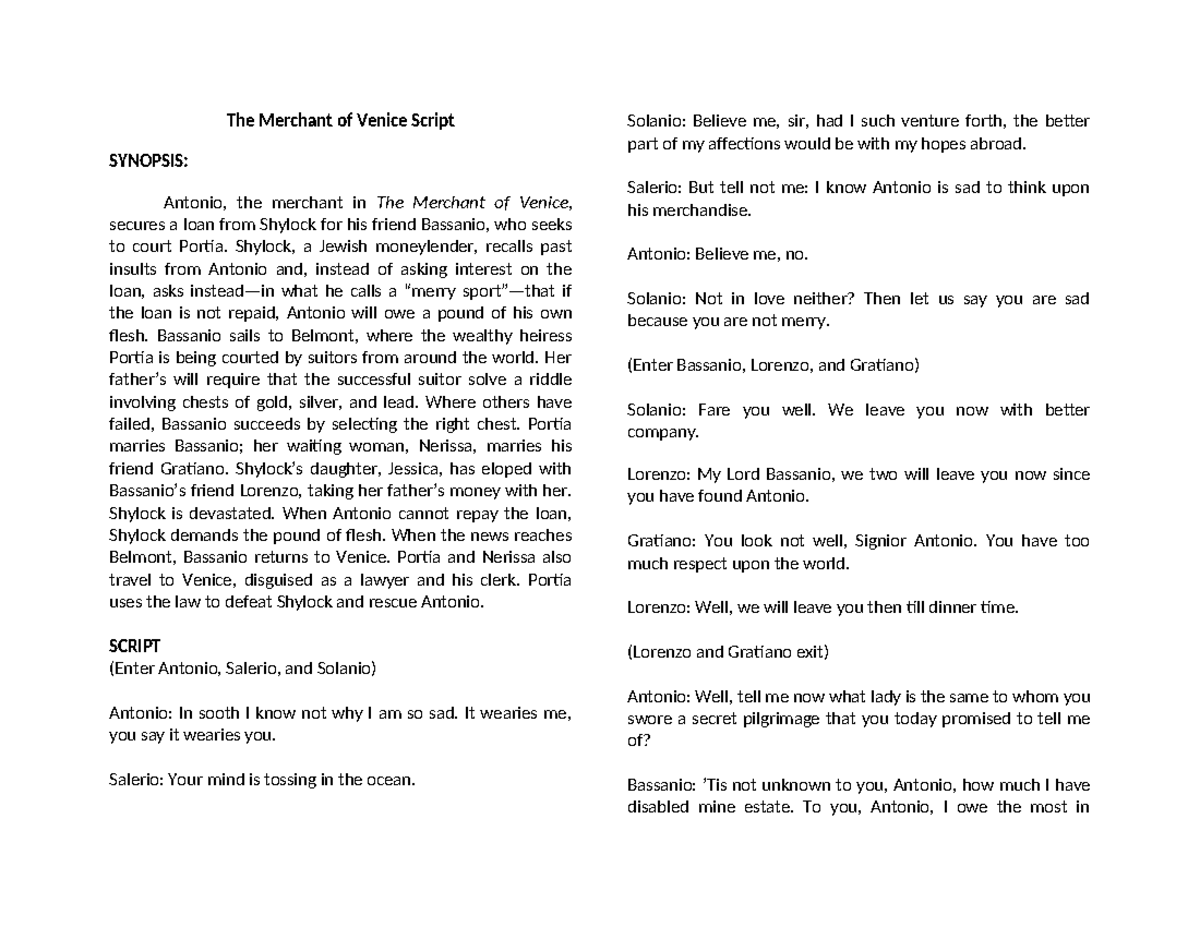 The Merchant of Venice Script - The Merchant of Venice Script SYNOPSIS ...