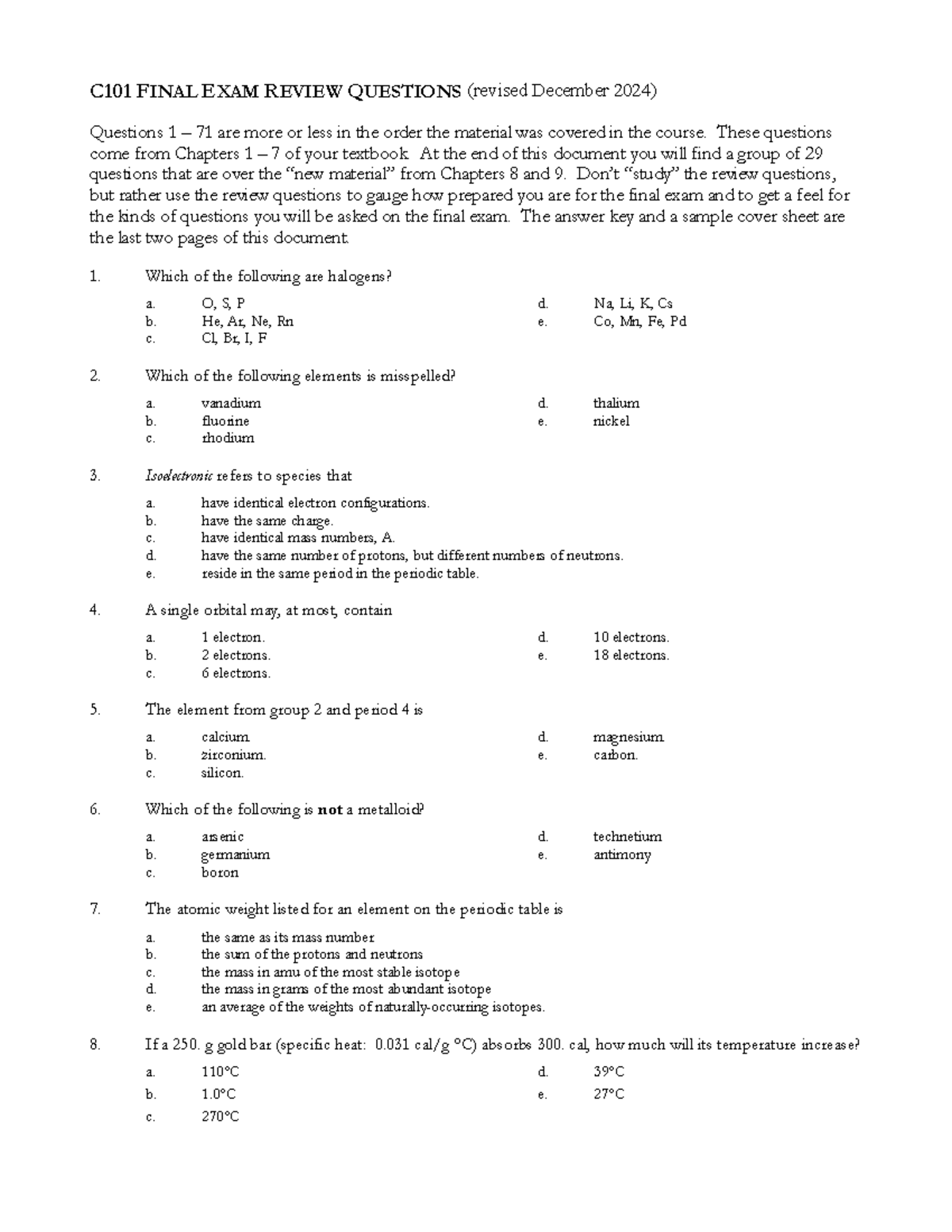 C101 FINAL EXAM REVIEW QUESTIONS - 2024 Edition - Studocu