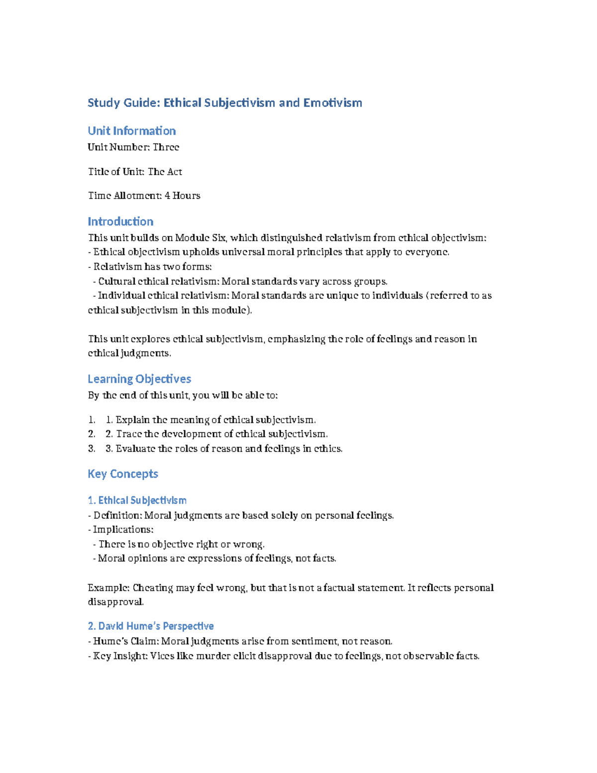 Ethical Subjectivism & Emotivism Study Guide - Unit 3 Insights - Studocu