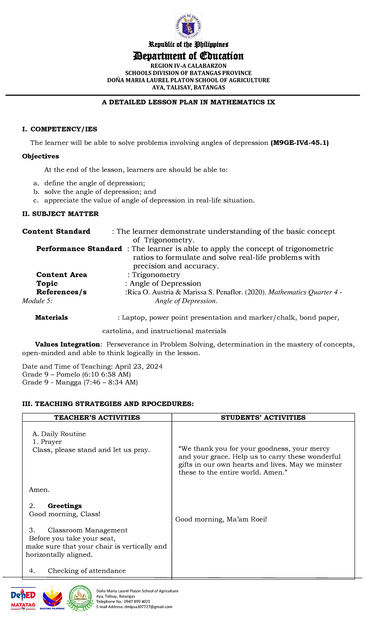 Detailed Lesson Plan on Angles of Depression in Math IX (M9GE-IVd-45 ...