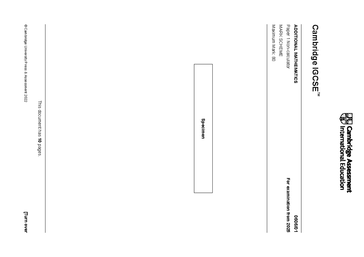 Cambridge IGCSE MATH 3 Paper 1 Mark Scheme (Specimen 2025) - Studocu