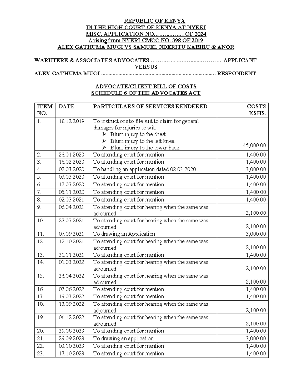 Advocate/Client Bill of Costs for ALEX GATHUMA MUGI - 2024 - Studocu