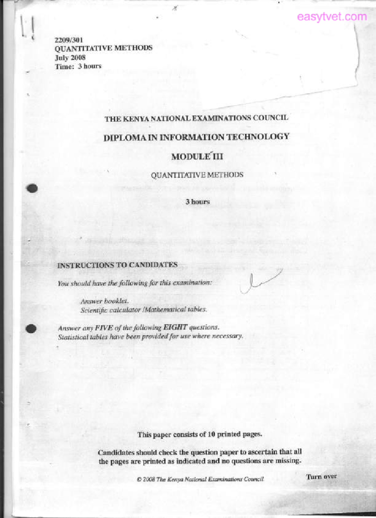 2008 julyQT In ICT - easytvet QUANTITATIVE METHODS July 2008 Time: 3 ...