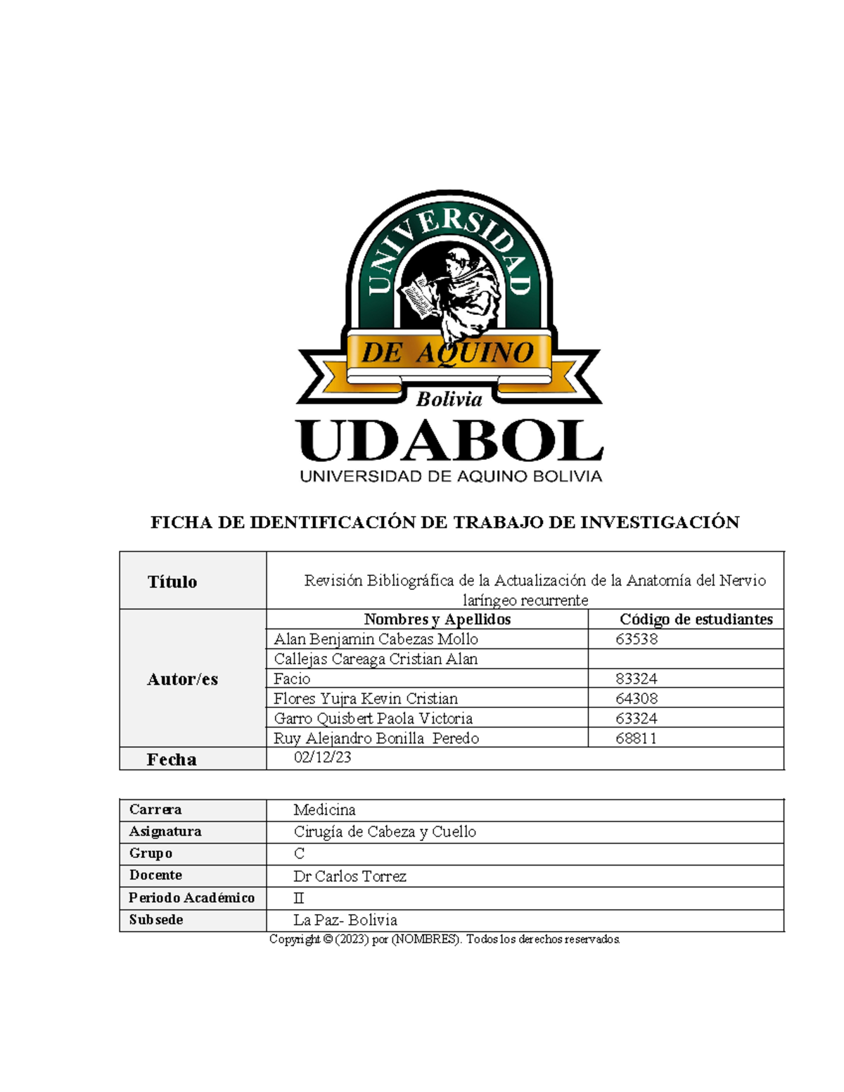 Anatomia del Nervio Laringeo Recurrente - FICHA DE IDENTIFICACIÓN DE ...